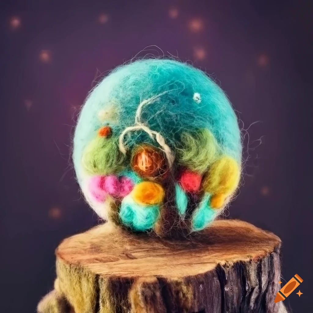 Handmade wool felted ecosystem sphere on tree stump with starlight on ...