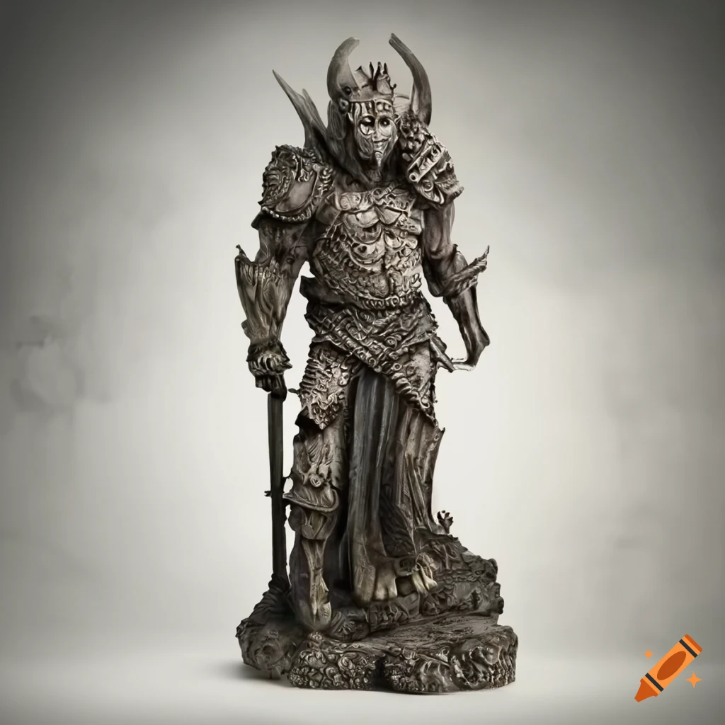 Ancient cracked stone warrior statue in a fantasy setting on Craiyon