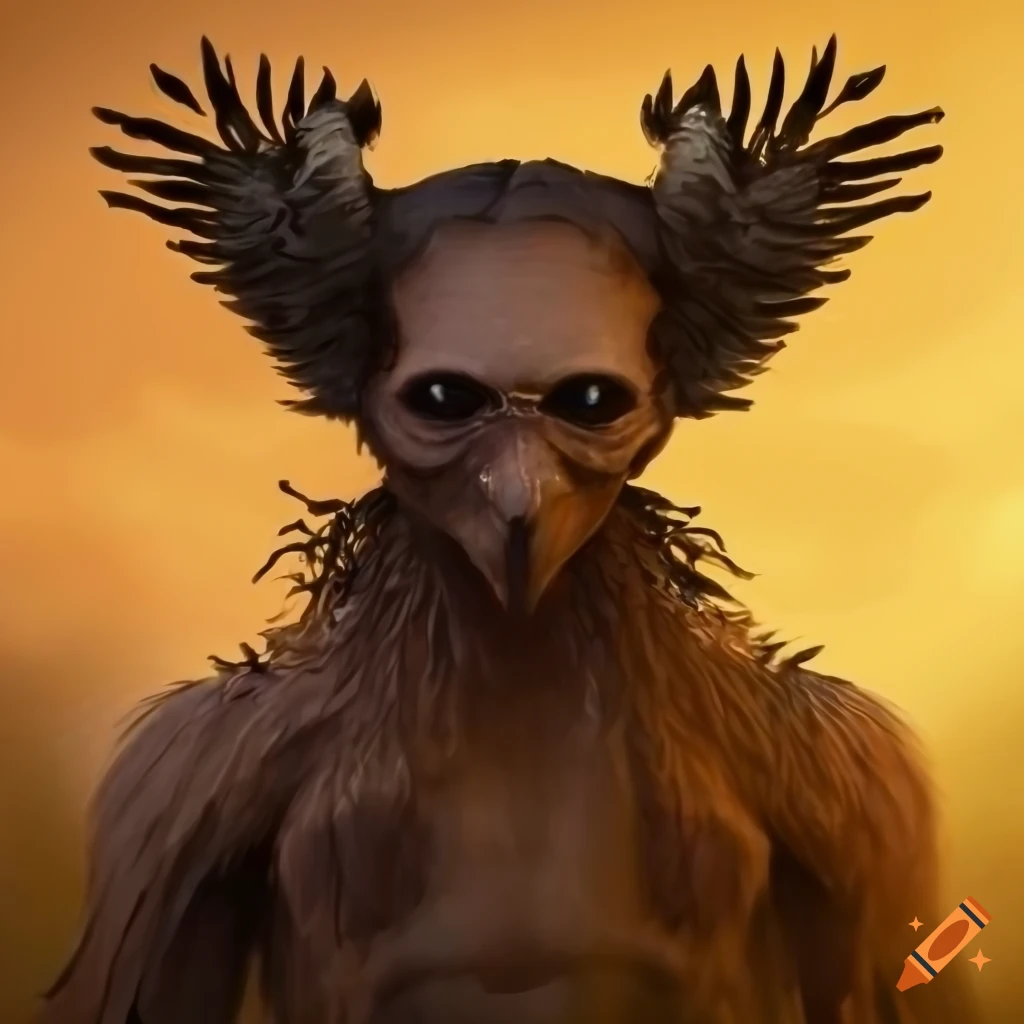 Raven man with wing ears and mushroom head in golden hour lighting on ...