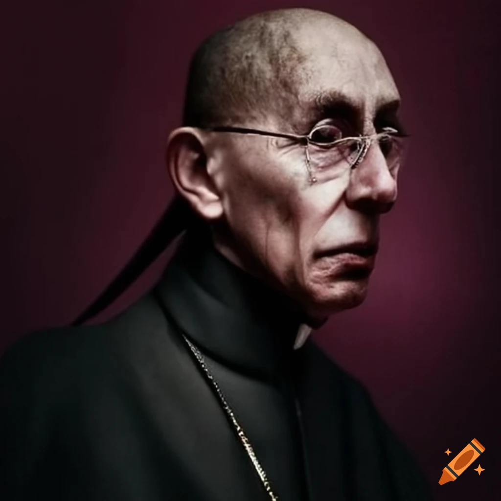 Color photograph of a priest's face with an expressionless look on Craiyon