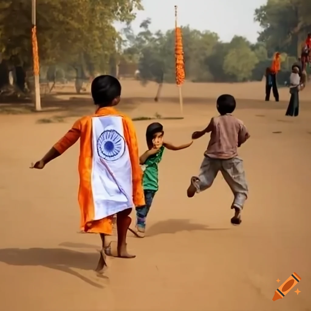 Children running and playing with the indian national flag on Craiyon