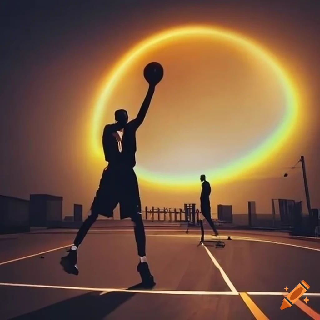 Sun and rainbows shining on a basketball court with players on Craiyon