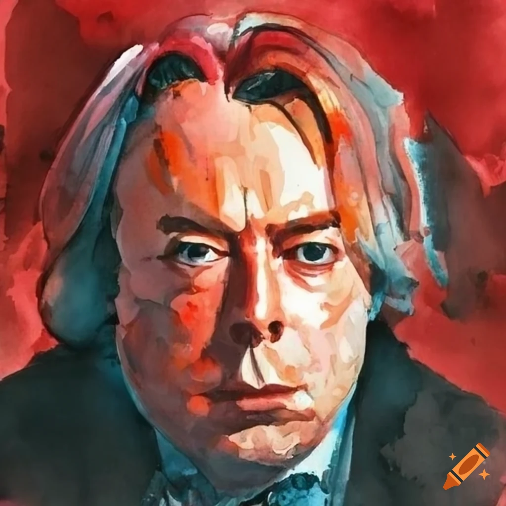 Portrait of christopher hitchens in bright red and black watercolor on ...