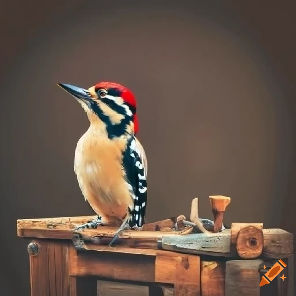 Charming woodpecker on rustic workbench with tools on Craiyon