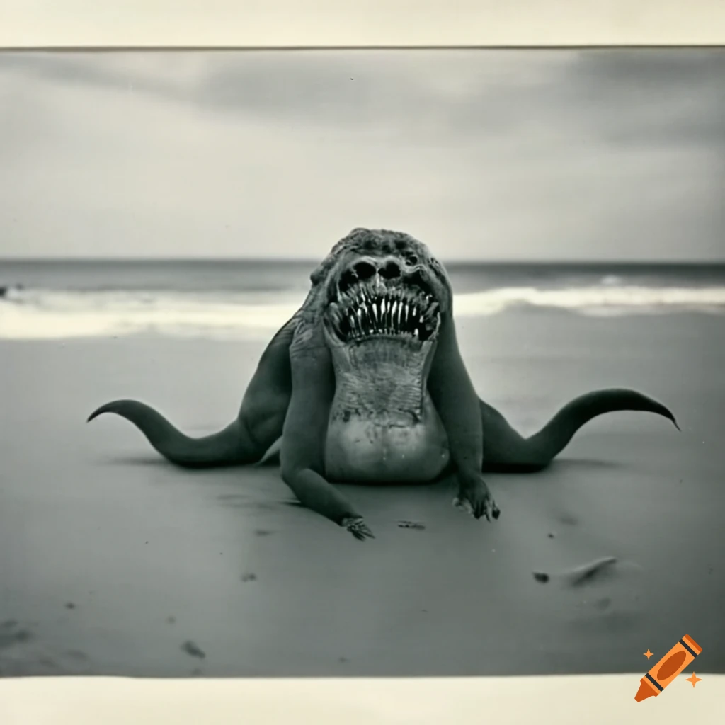 Vintage photo of sea monster devil crawling onto a beach on Craiyon