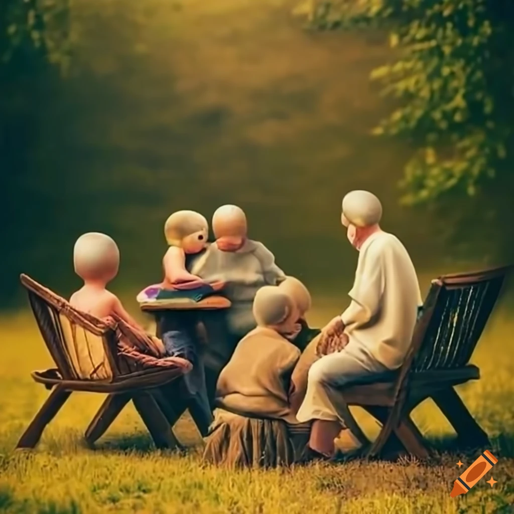 Elderly man sharing wisdom and stories with a group of people in rustic ...