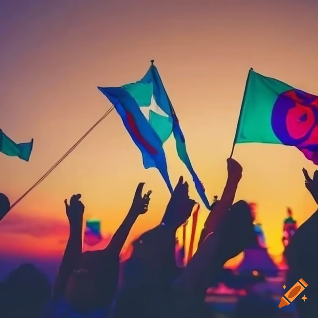 Multicultural crowd raising peace flags in a beautiful sunset over a ...
