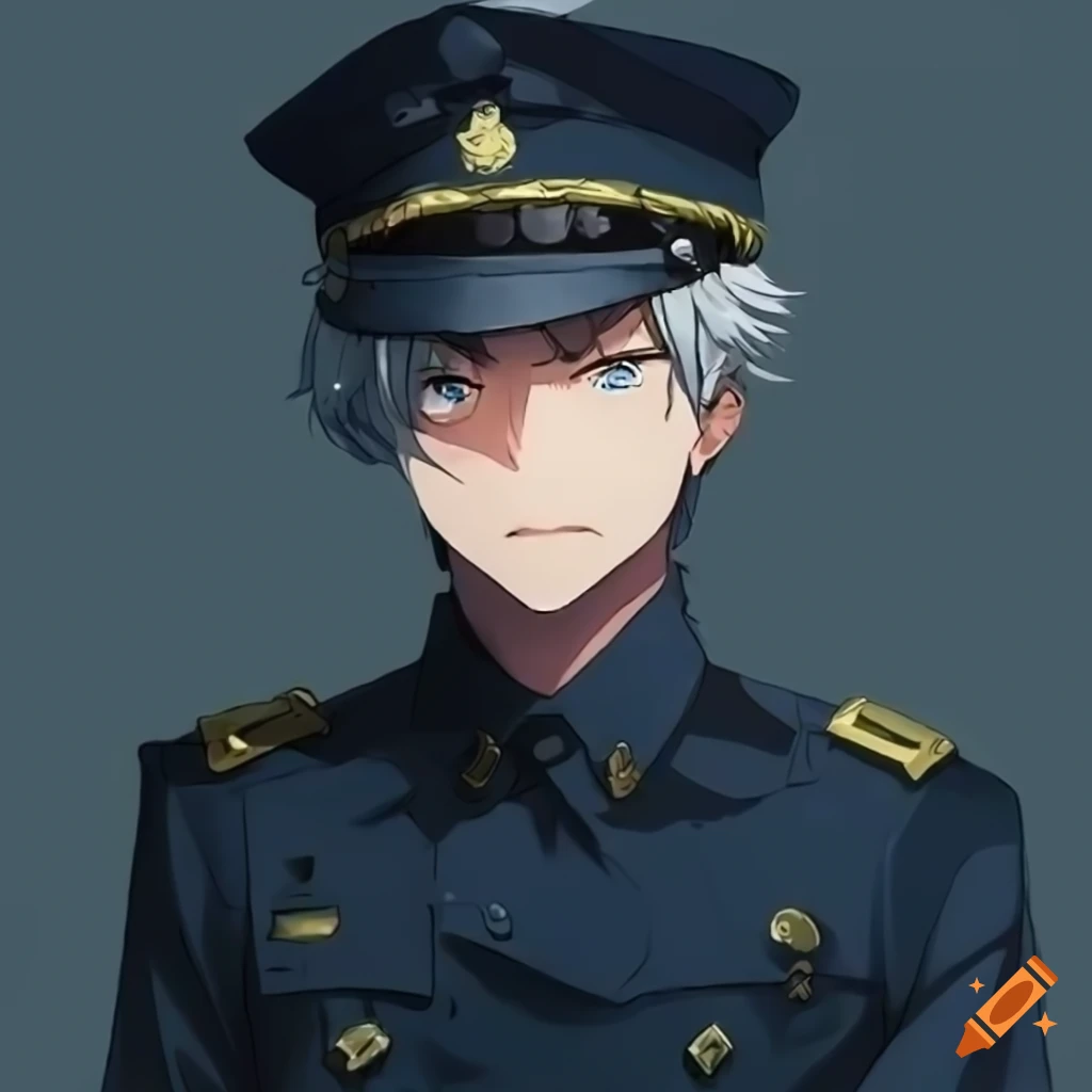 Gray-haired man in officer's cap in anime style on Craiyon