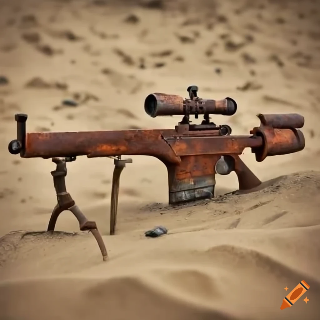Rusty sniper rifle lying on the sand in a post-apocalyptic setting on ...