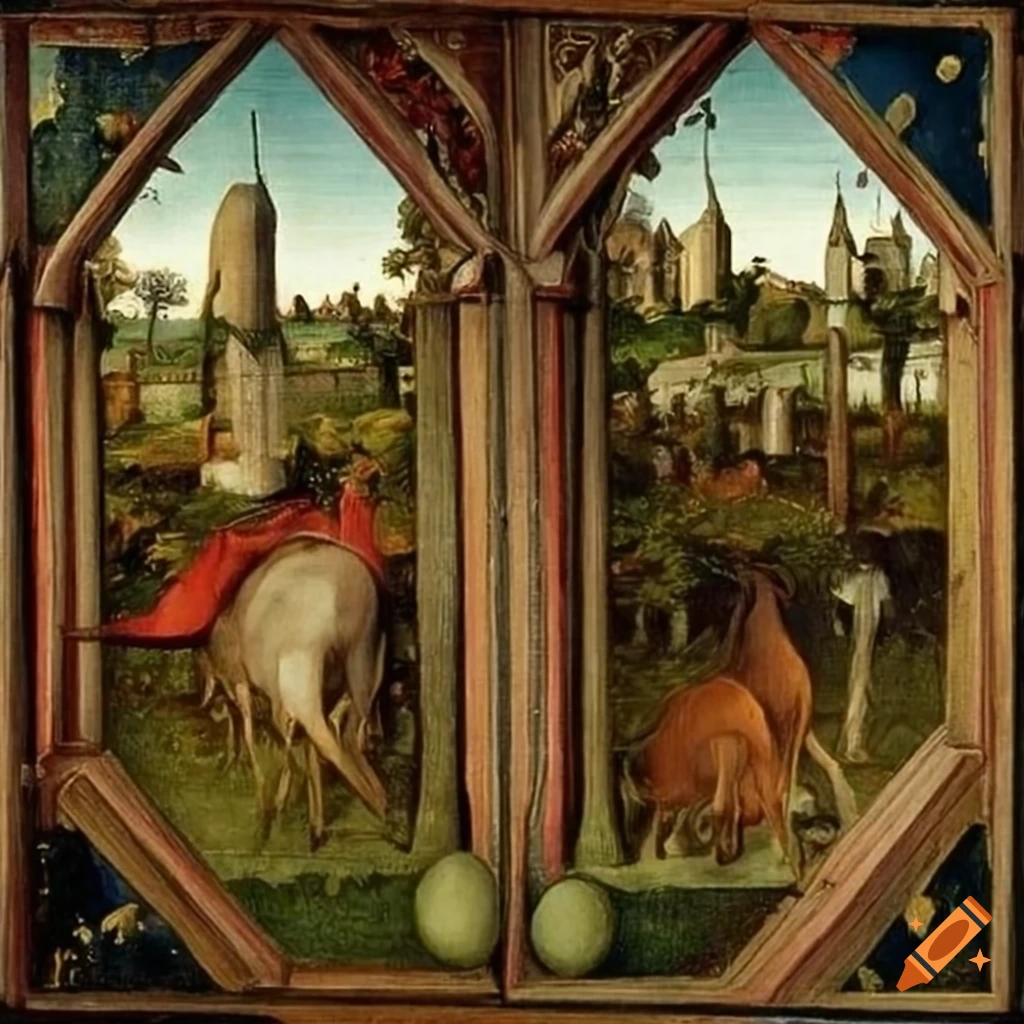 Medieval painting of a mysterious garden with strange plants and ...