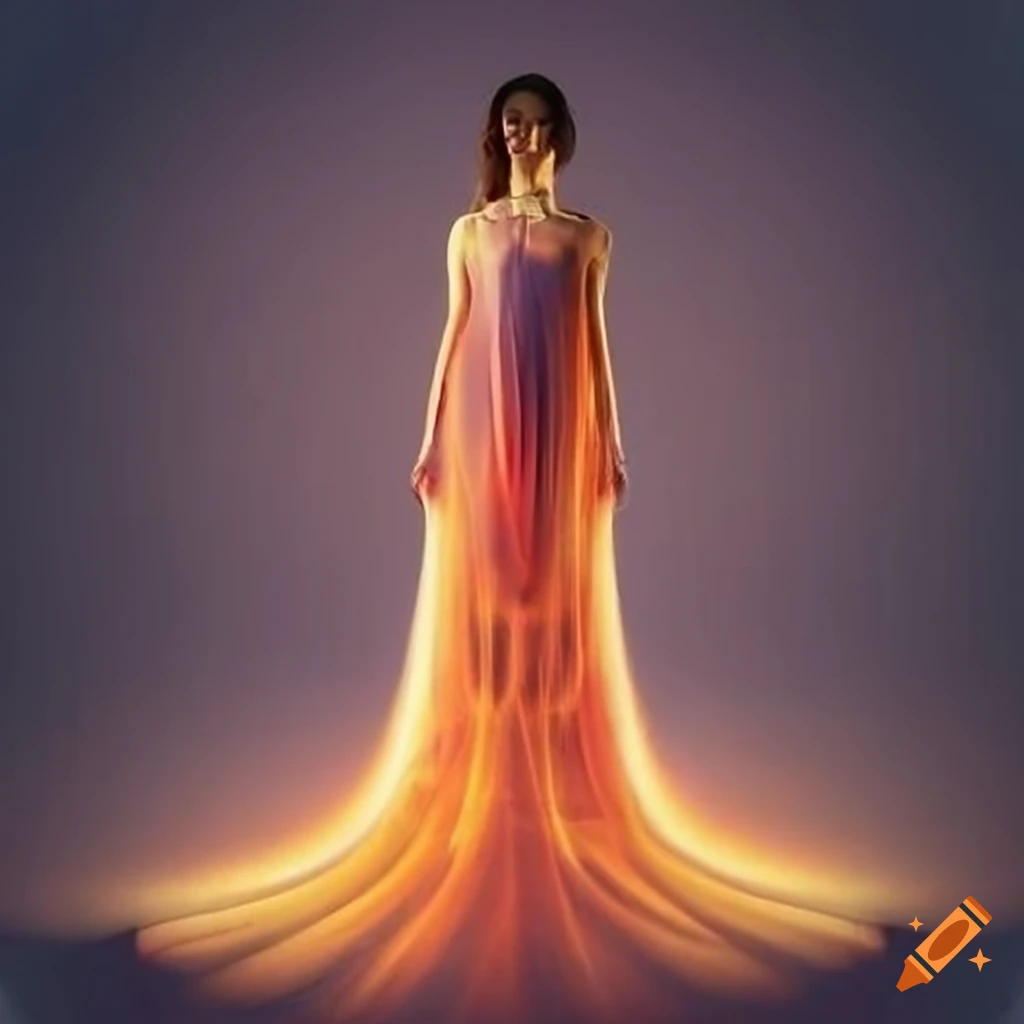Vibrant flowing ethereal dress in sunset landscape with fiery hues on ...