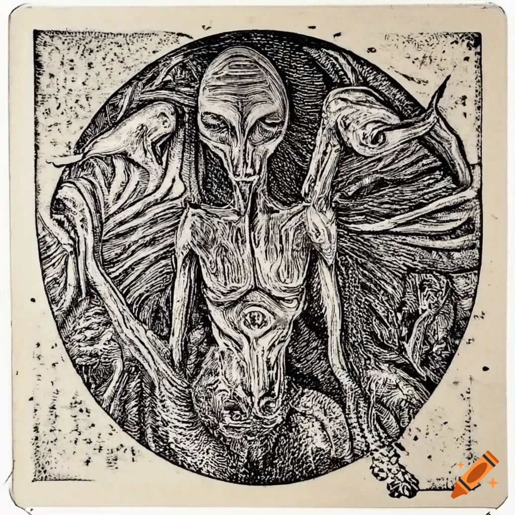 Etching engraving of aliens on Craiyon