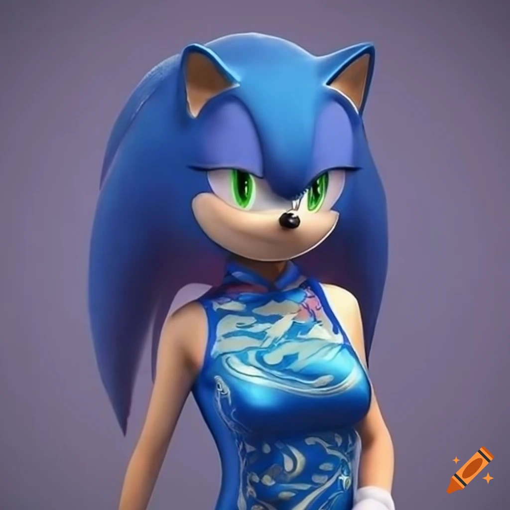 Female sonic the hedgehog in a blue chinese cheongsam dress on Craiyon