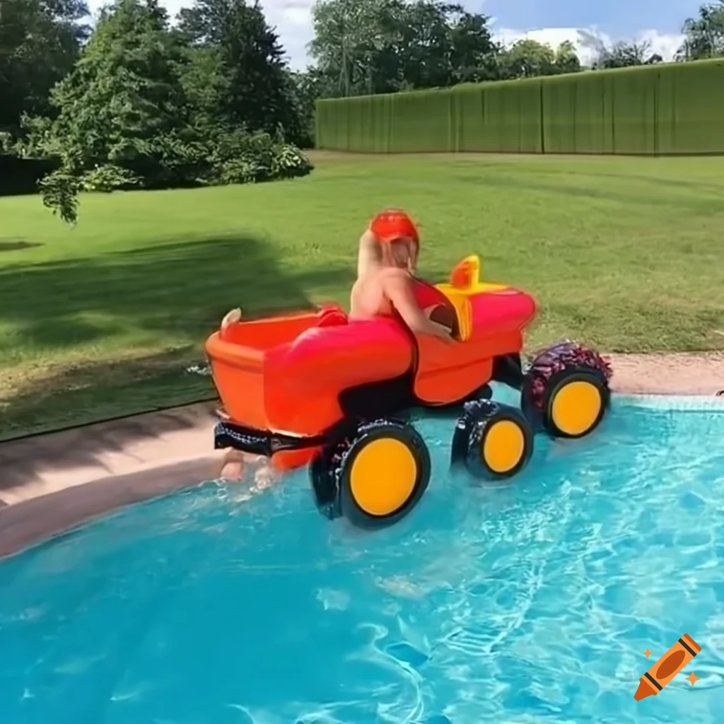 Tractor sliding down a waterslide pool on Craiyon