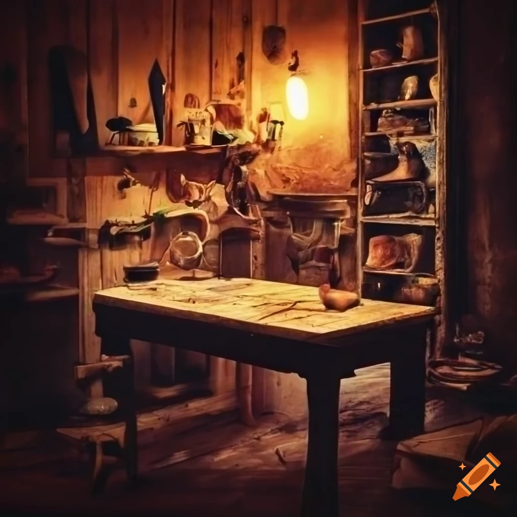 Small old tidy magical workshop with shelves of tools and a work table ...