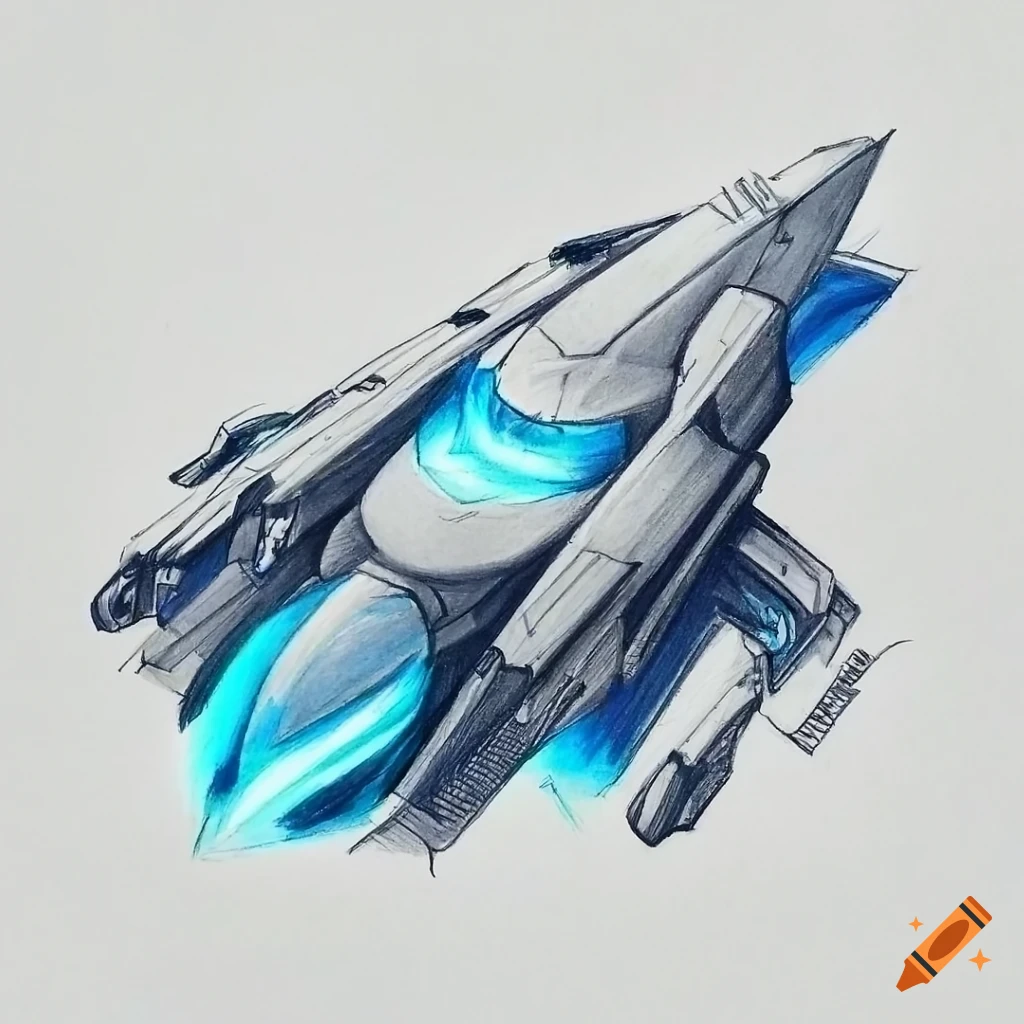 Grey pencil drawing of a futuristic spaceship on white paper with a ...