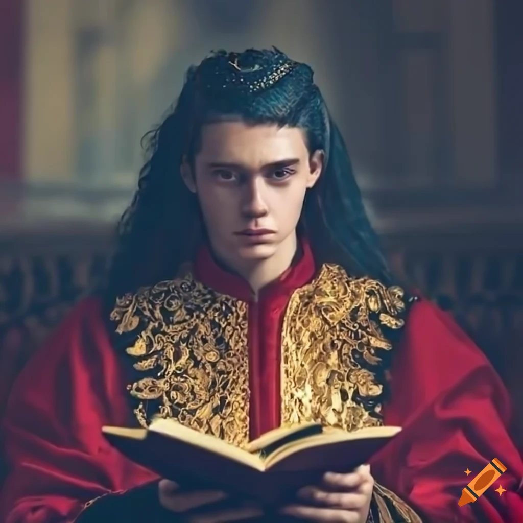 Portrait of a young king with purple eyes and black hair in ornate red ...