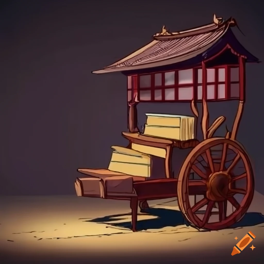 Japanese style ancient cart with books in anime style on Craiyon