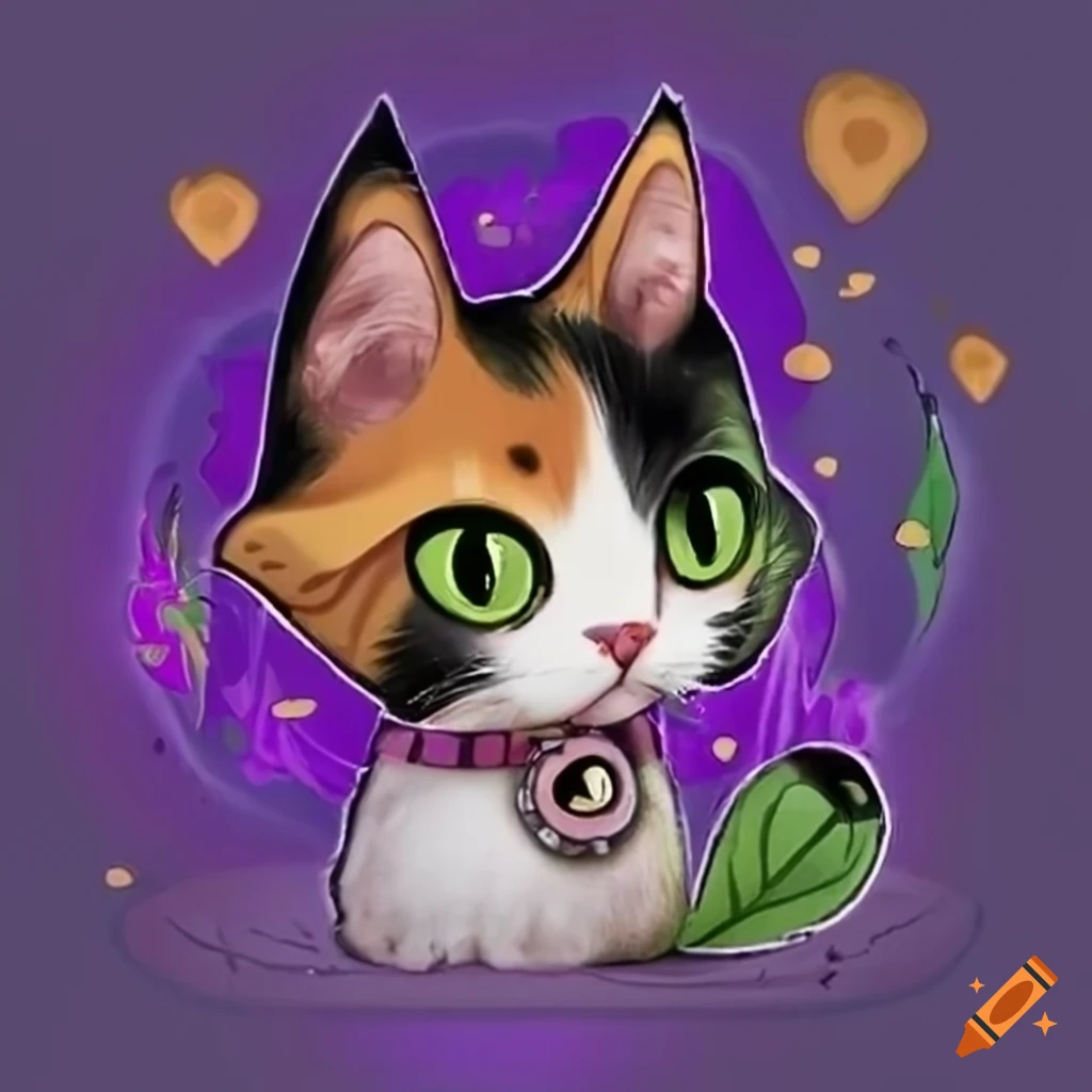 Calico cat with magical collar surrounded by potion bottle ribbon and ...