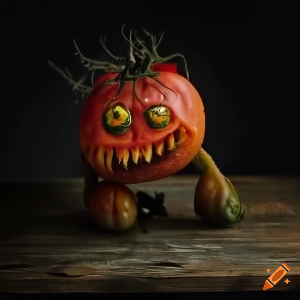 Close-up portrait of the rotten tomato fruit monster on Craiyon