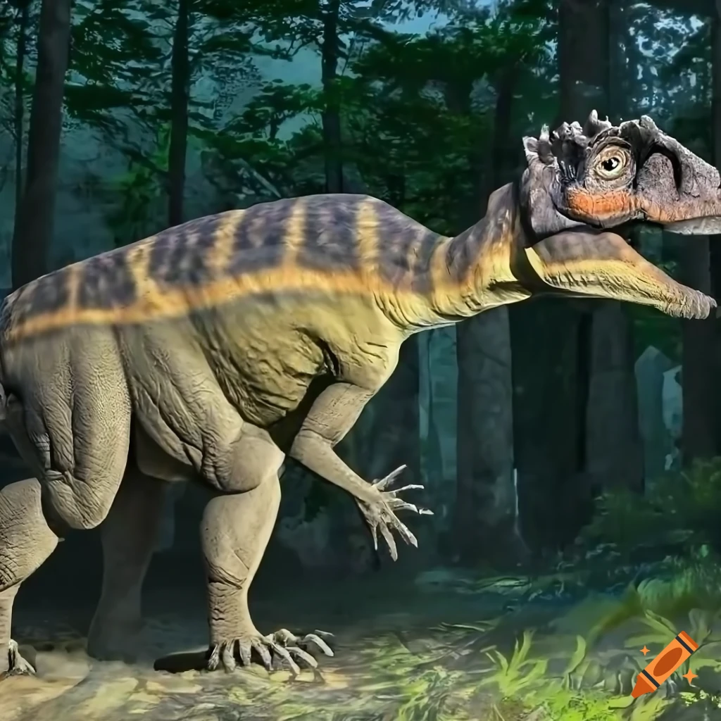 Colorful pachycephalosaurus in forest environment with warm backlight ...