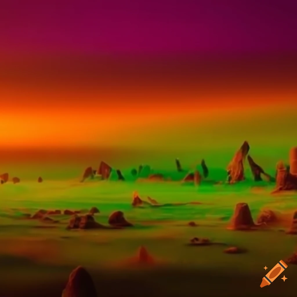 Alien landscape with pink, orange, and green colors on Craiyon