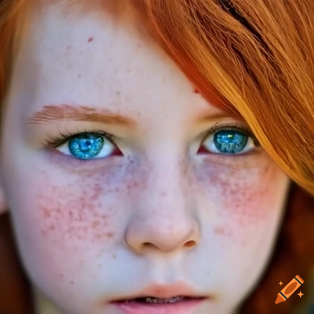 Girl with red hair, freckles, and heterochromia on Craiyon