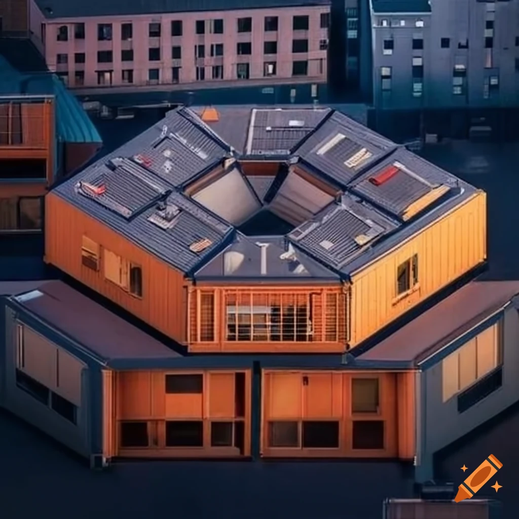 Modern pentagon-shaped house made of shipping containers from an aerial ...