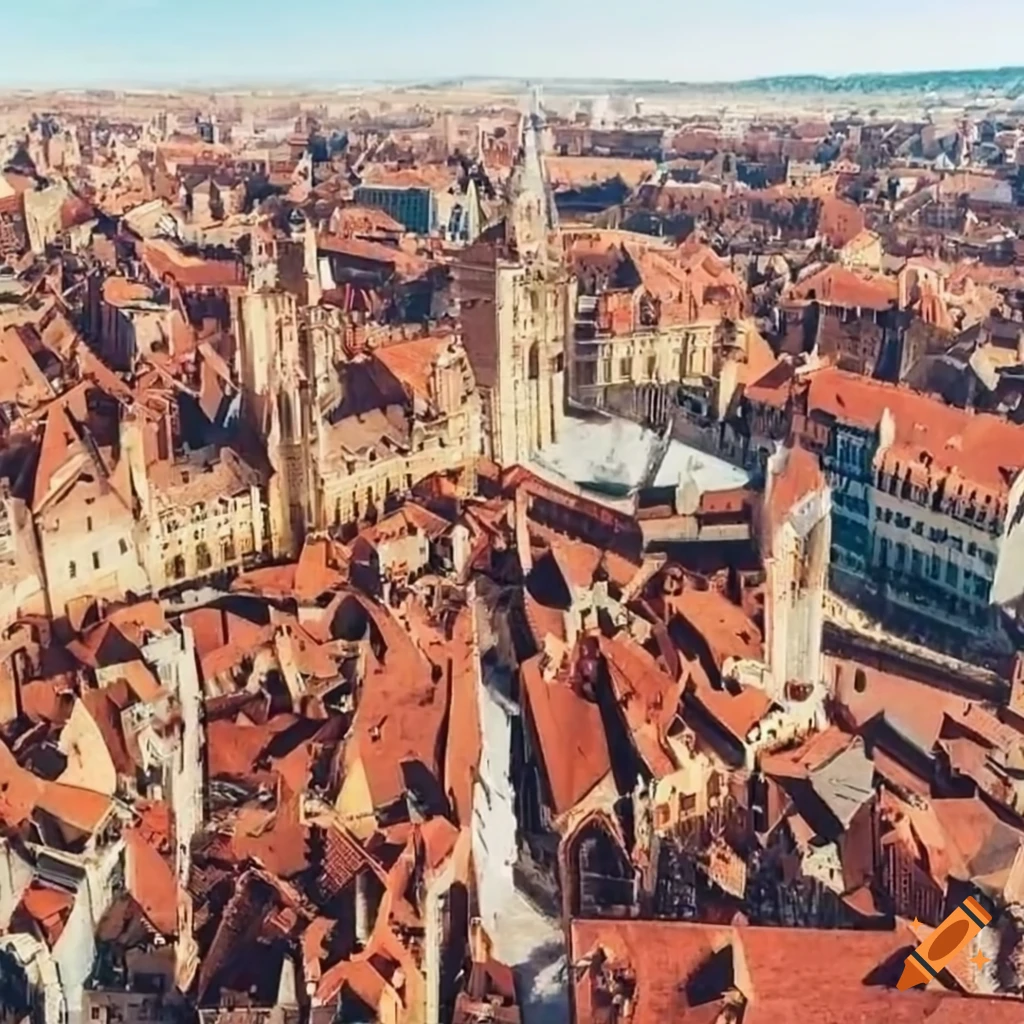 Aerial view of a large medieval european gothic city on Craiyon
