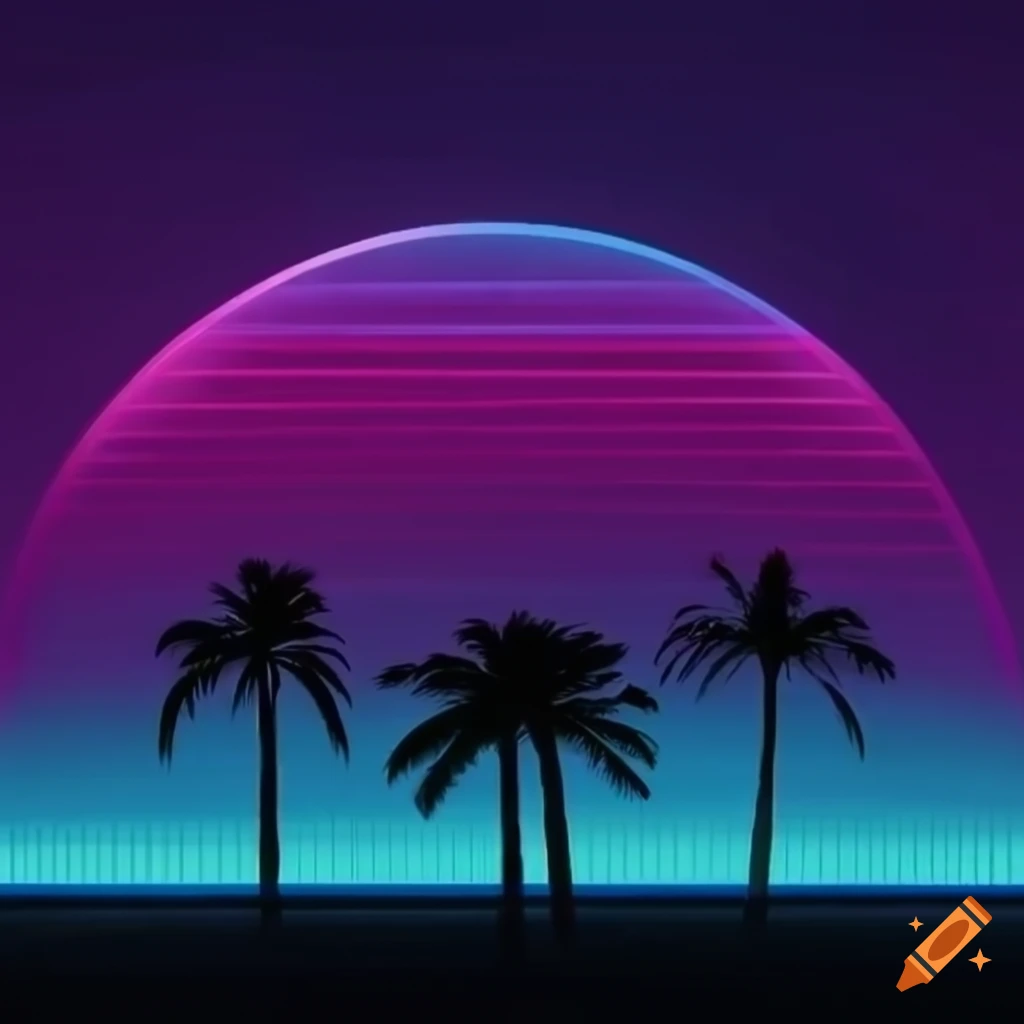 Neon sky with palm trees in a retro 80s synthpop style on Craiyon