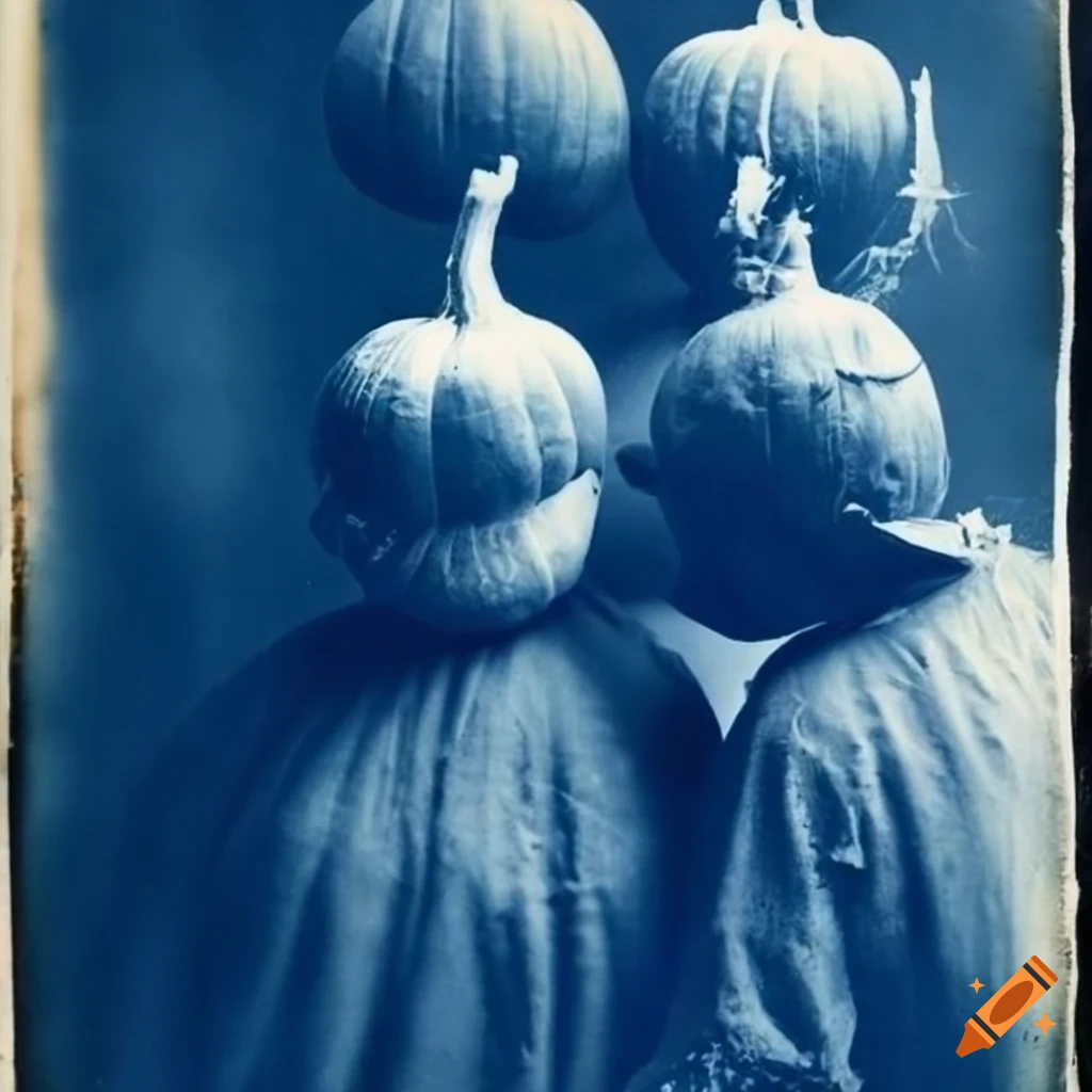 Vintage cyanotype photo of people wearing pumpkins on their heads on ...
