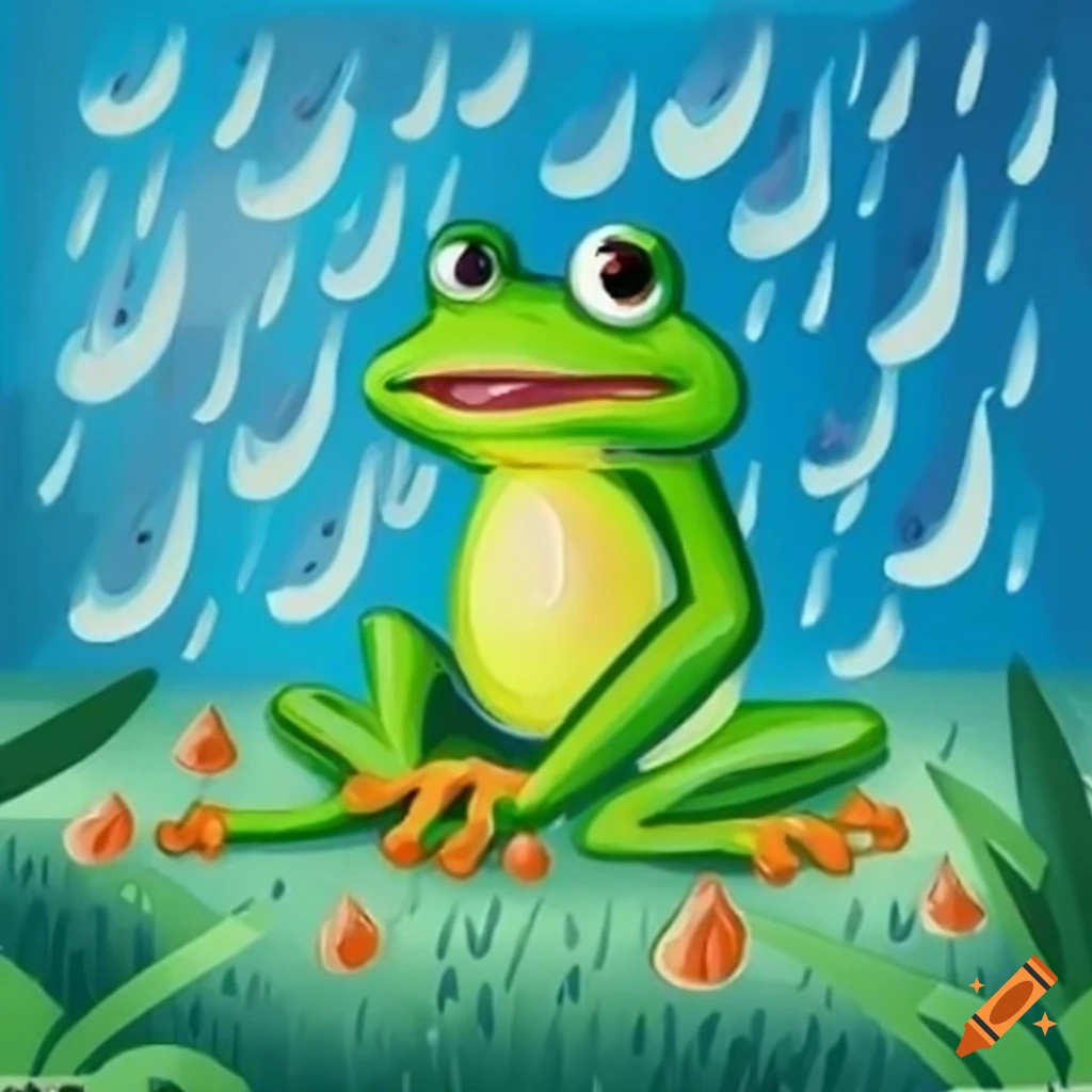 Cartoon frog in the rain on Craiyon