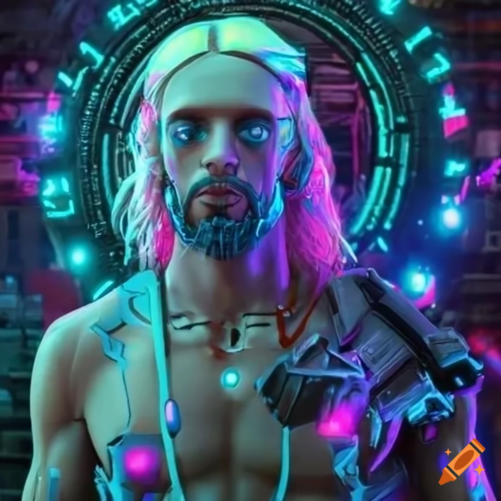 Cyberpunk cyborg neon depiction of jesus with blond hair on Craiyon
