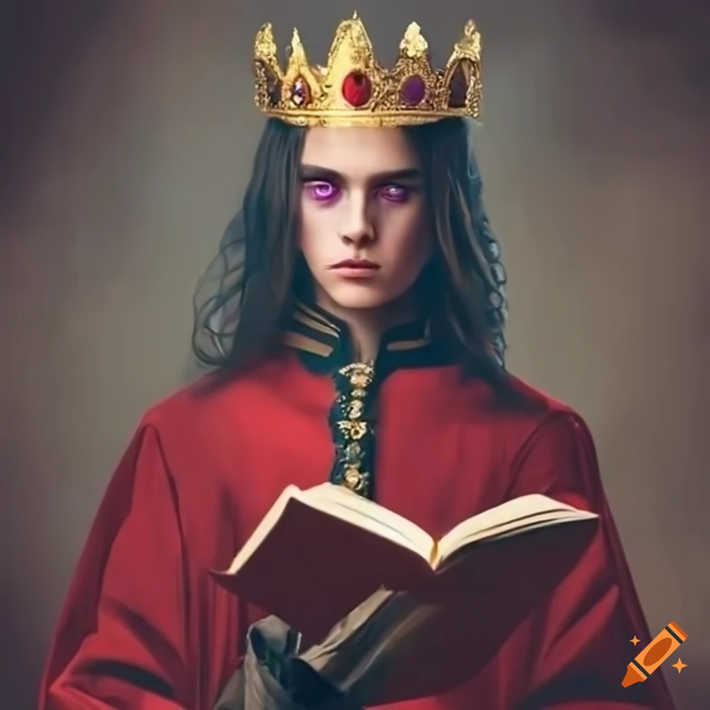 Portrait of a young king with purple eyes and black hair in ornate red ...