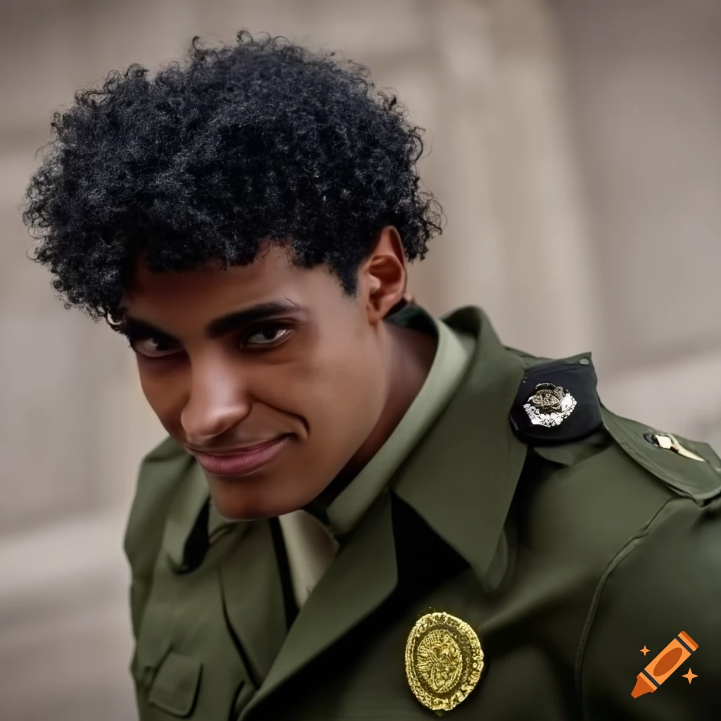 Man with curly black hair and olive green police uniform walking in a ...