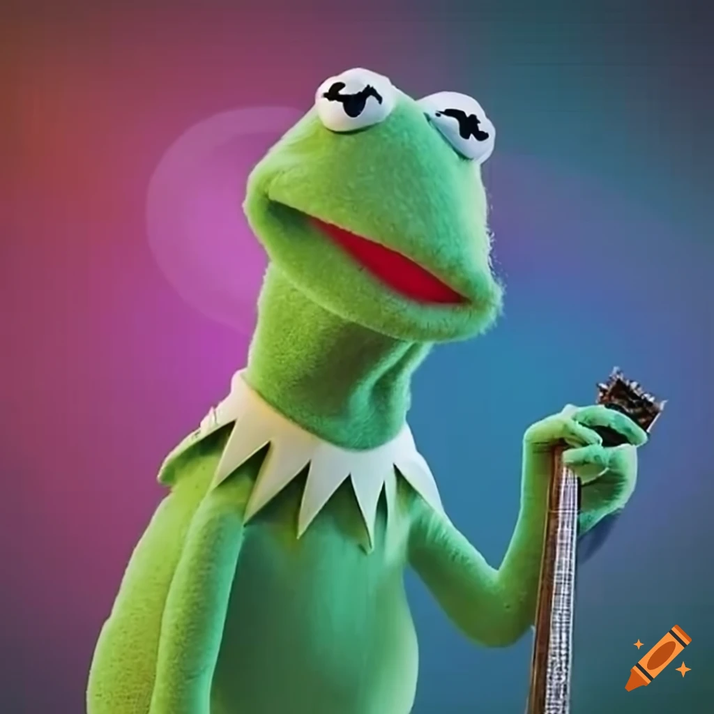 Kermit playing banjo on a rainbow on Craiyon