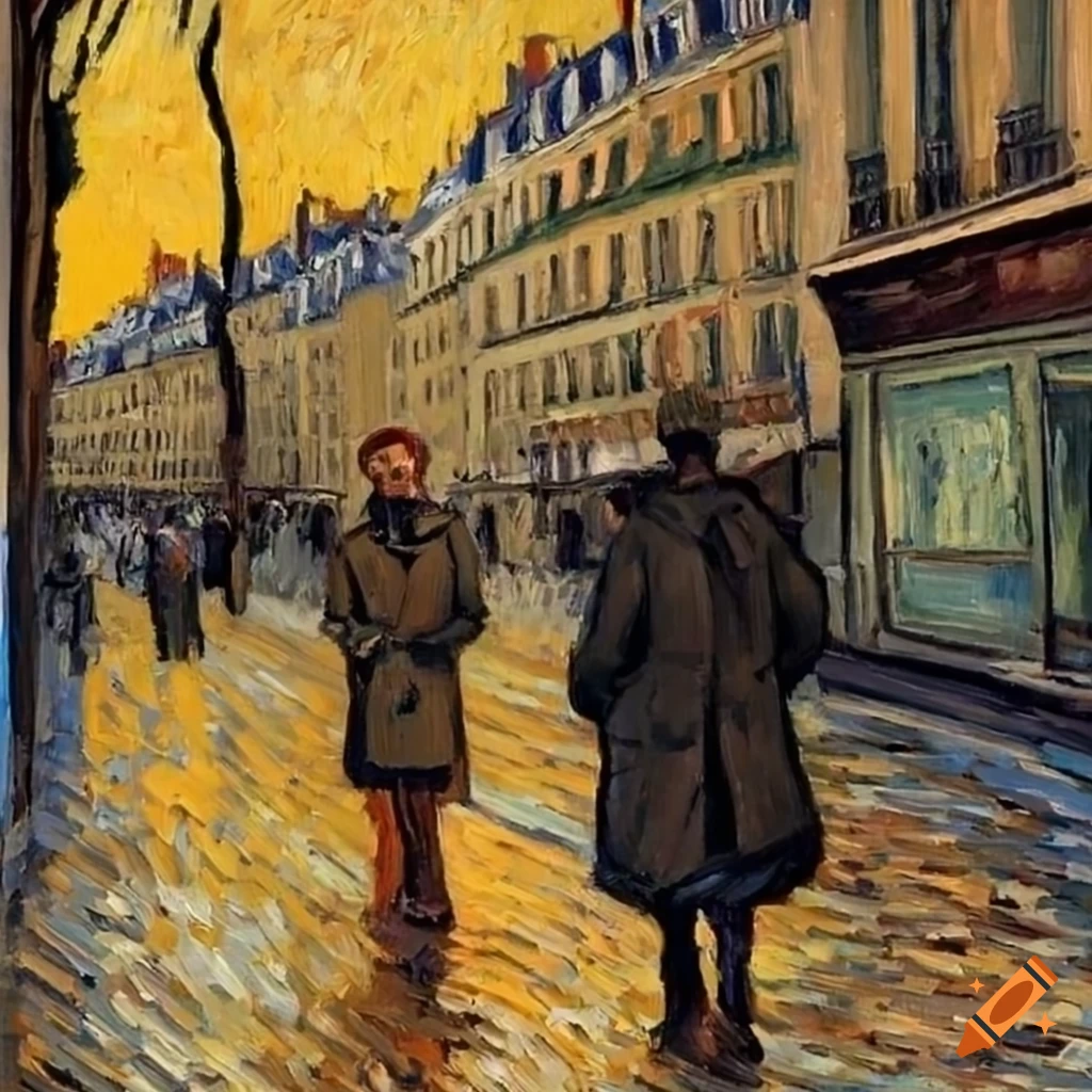 Impressionist van gogh painting of a street in paris with a man in a ...
