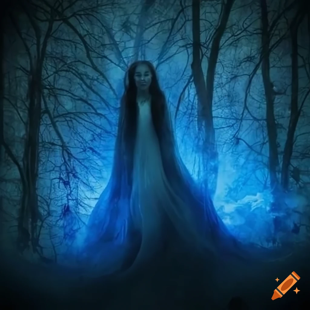 Enchanting witch in a wooded serpent circle with floating blue ghostly ...