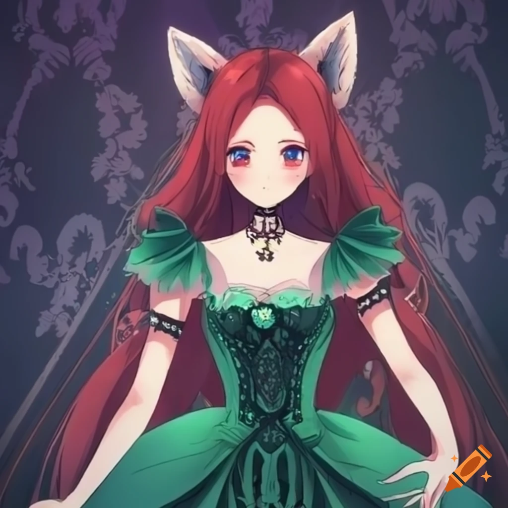Red-haired anime fox princess in a dark green ballgown looking into a ...