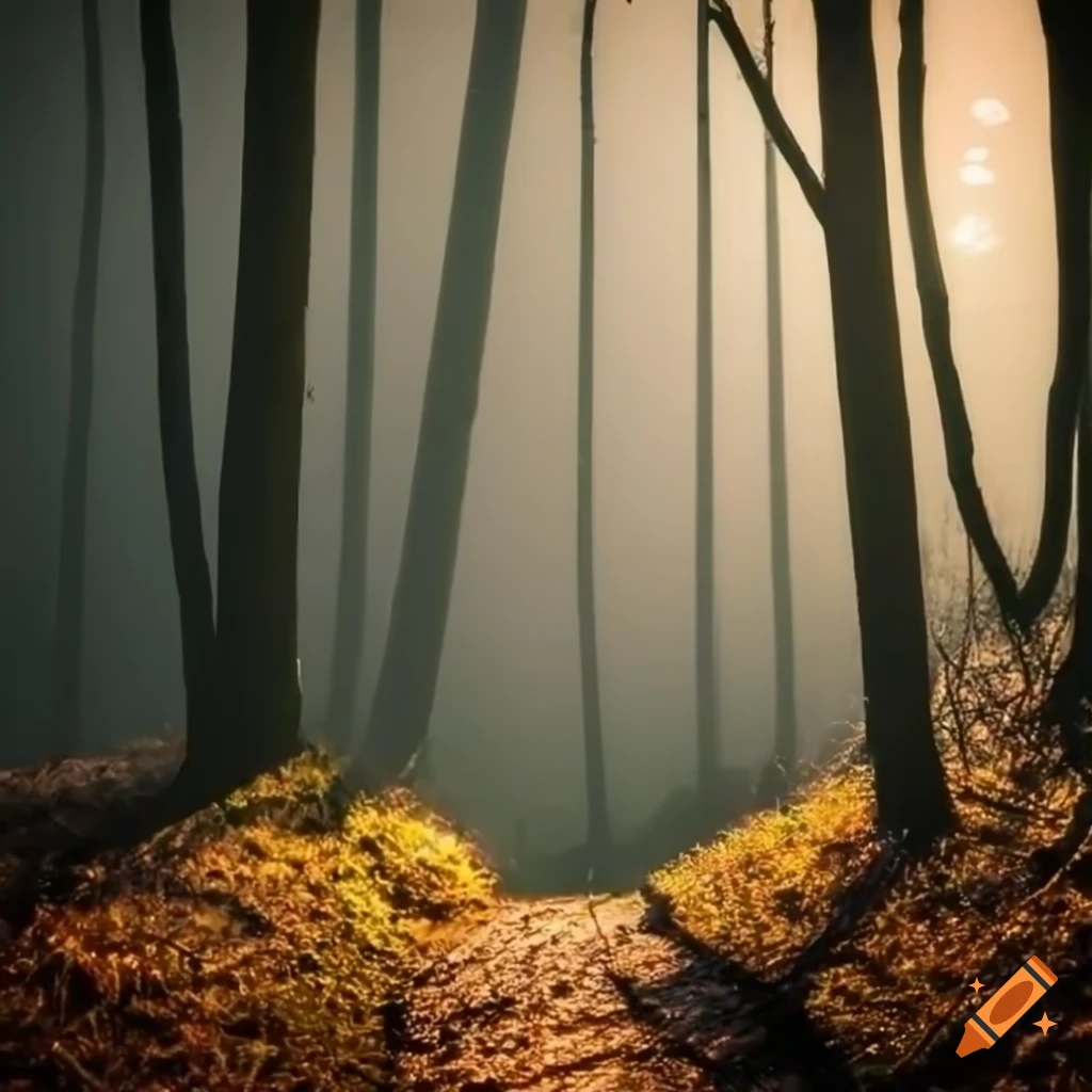 Forest path at dawn with dew-covered leaves in the foreground on Craiyon