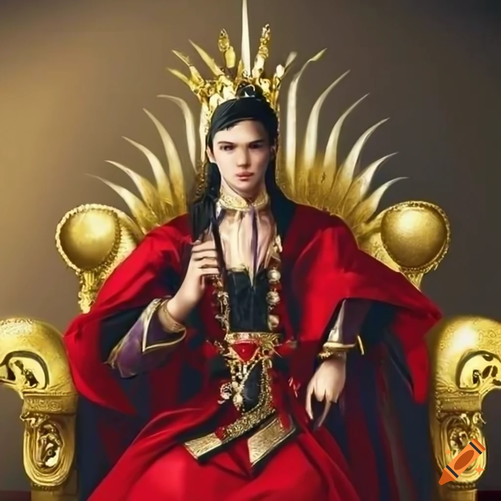 Young handsome king with purple eyes and black hair sitting on a golden ...