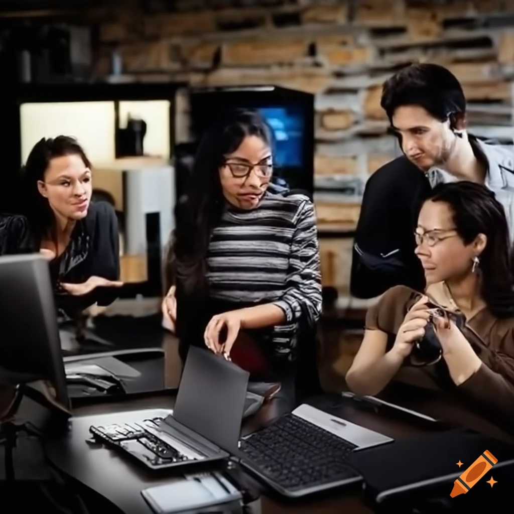 Team of professional tech experts collaborating in a workspace on Craiyon