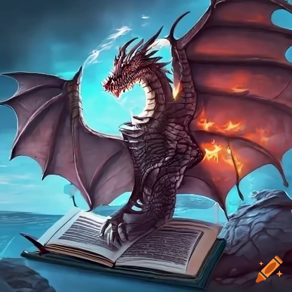 Highly detailed dragon reading a book surrounded by magical fire on Craiyon
