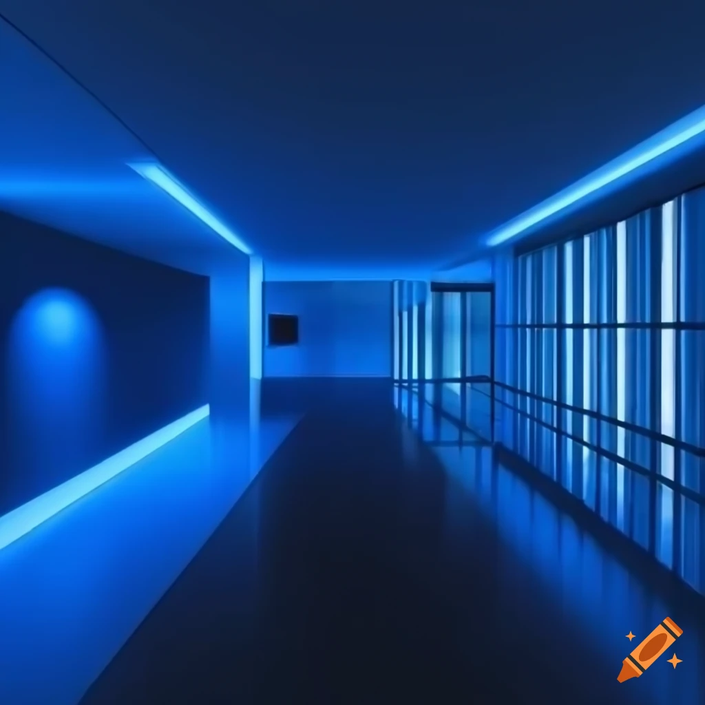 Interior of an empty office building with blue lighting on Craiyon