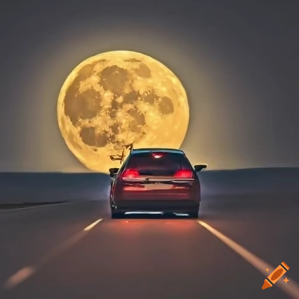 Car driving towards the rising yellow full moon in the evening on Craiyon