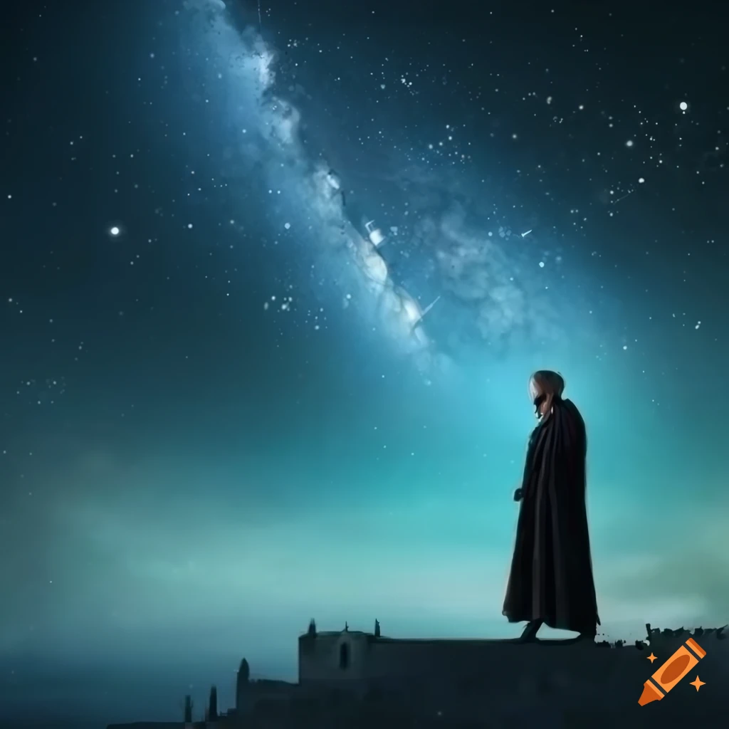 King standing alone on castle walls under a starry night sky on Craiyon