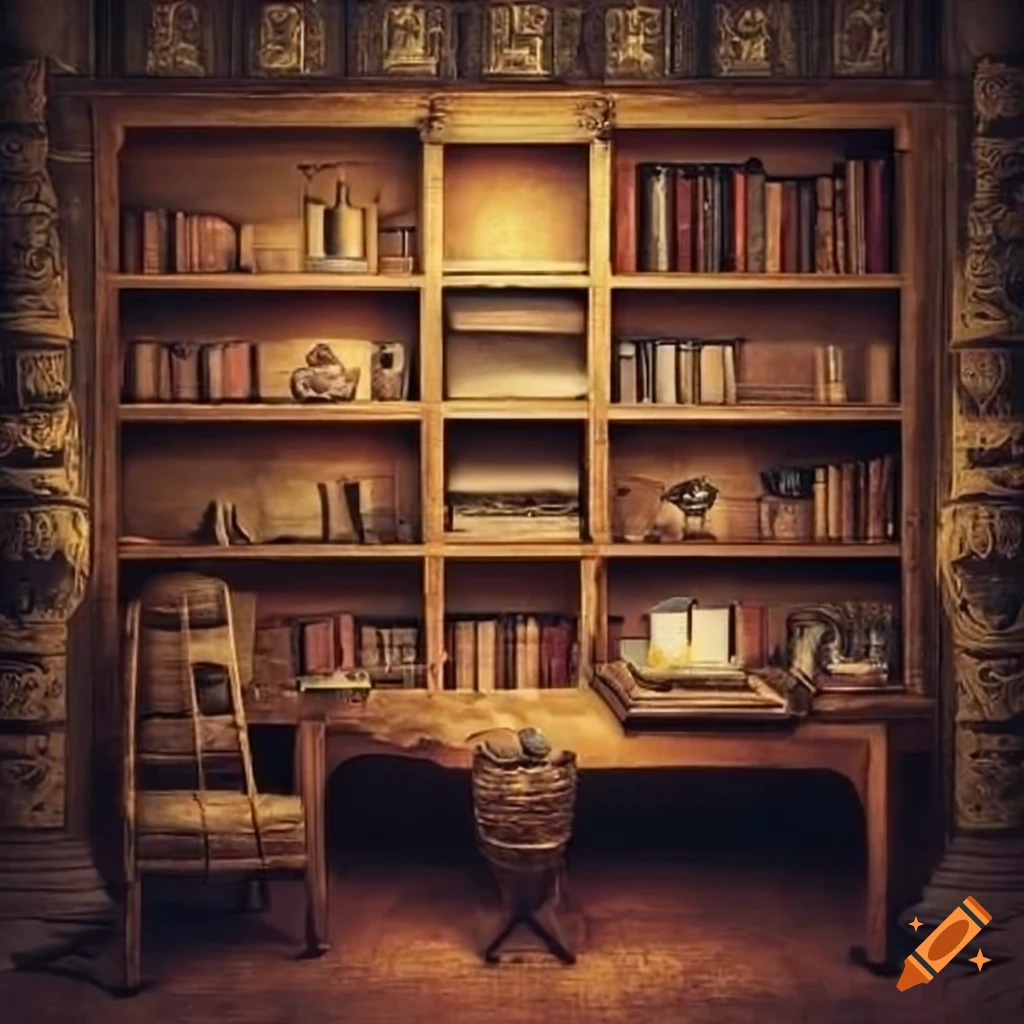 Old small magical writing room with parchment scrolls, books, and ...