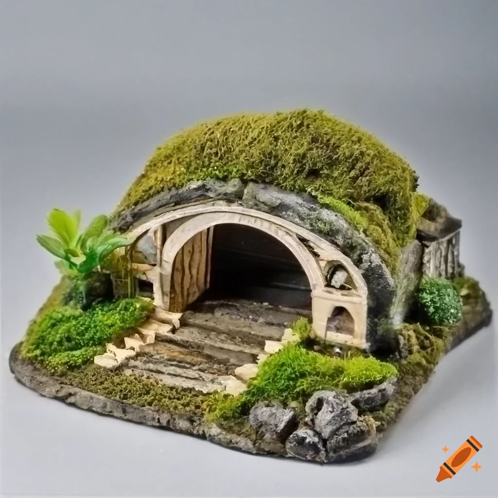 Terrarium with mossy hobbit house, lake, and small bridge in miniature ...