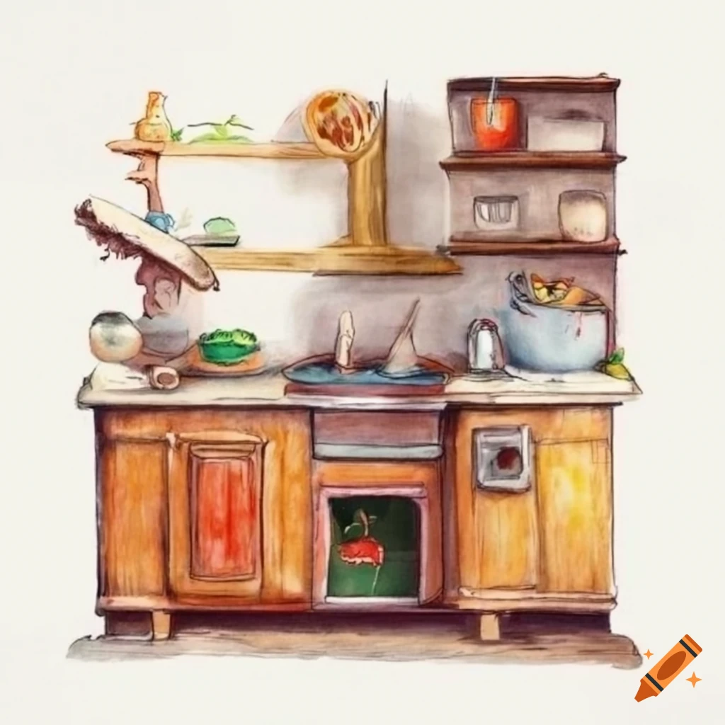 Kitchen in a children's book illustration on Craiyon
