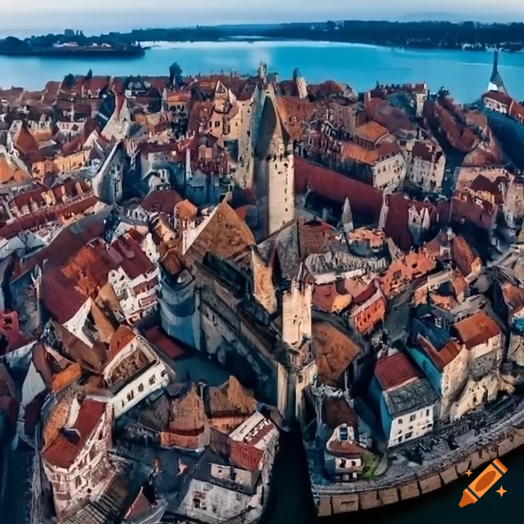 Bird's eye view of a detailed medieval european city with marketplace ...